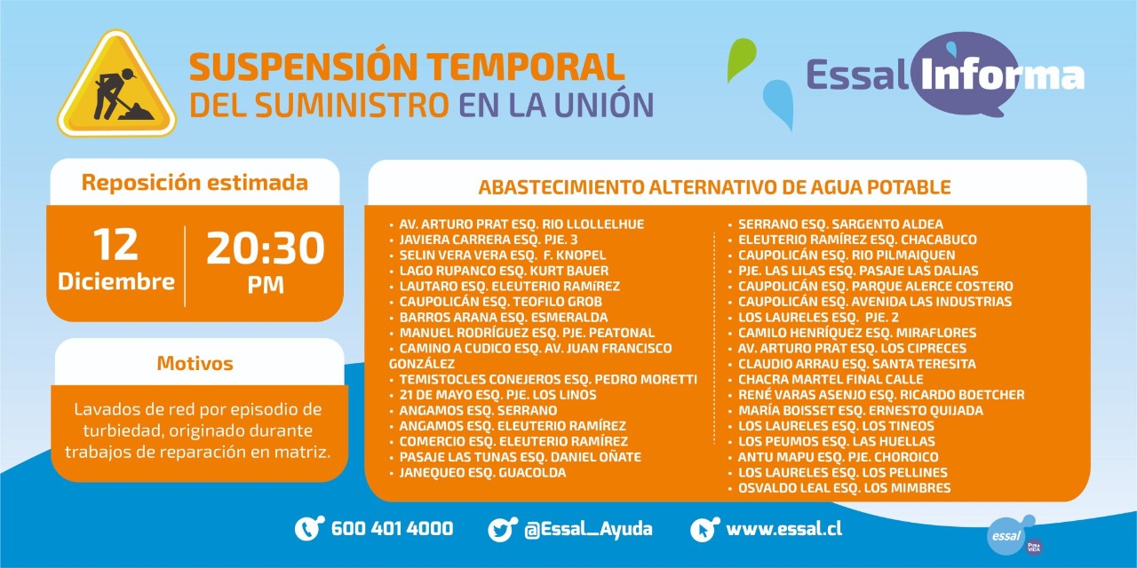 Essal suspende servicio de agua potable a toda la comuna de La Unión ...
